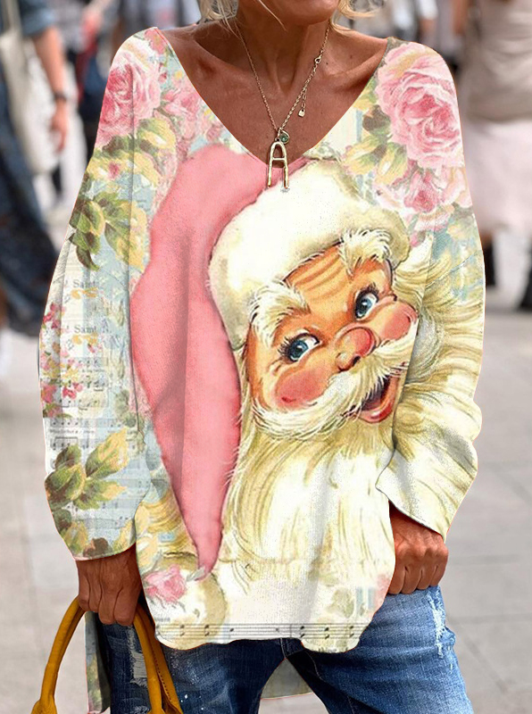 Pink Vintage Victorian Santa Print V-neck Long-sleeved Top Pink Vintage Victorian Santa Print V-neck Long-sleeved Top