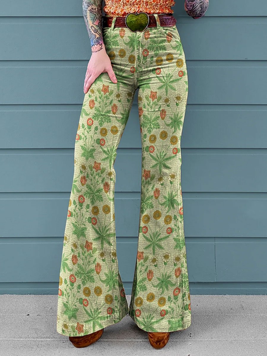 Womens Vintage Flowers Print Mid Waist Buttoned Hem Bootcut Jeans