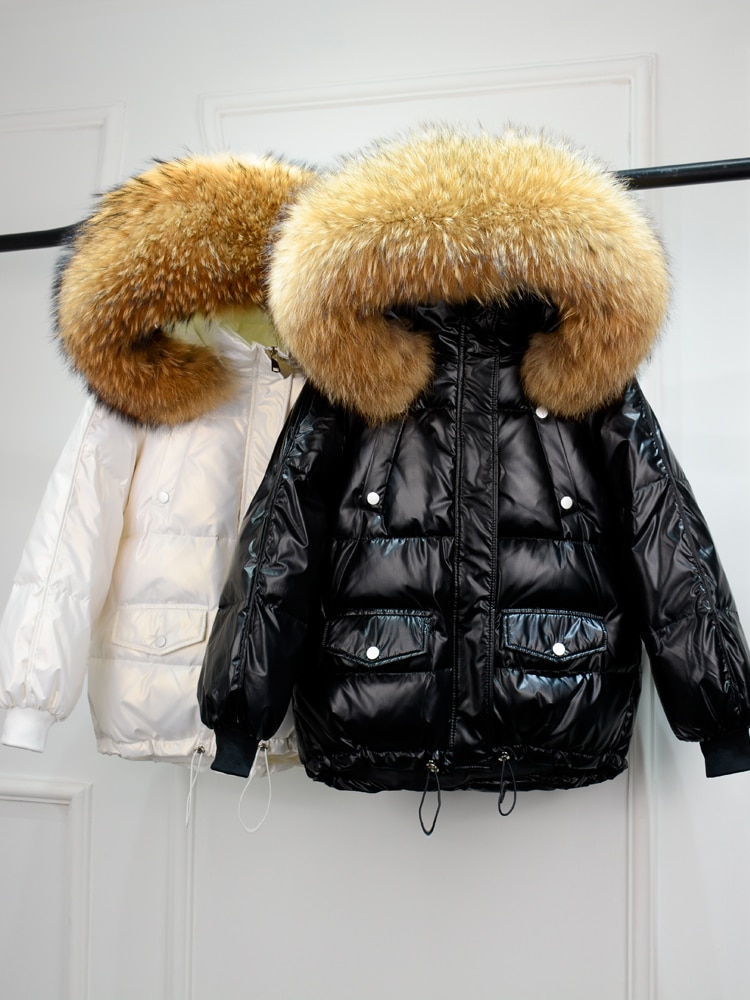 Fongt Gloosy Waterproof Short Puffer Jacket Women Winter Big Real Raccoon Fur Hooded 90% Duck ...