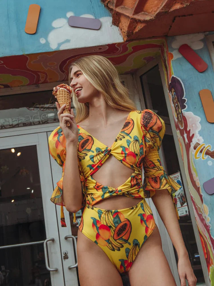 ZRTAK Half Sleeve Monokini Cut-out Swimsuit One Piece