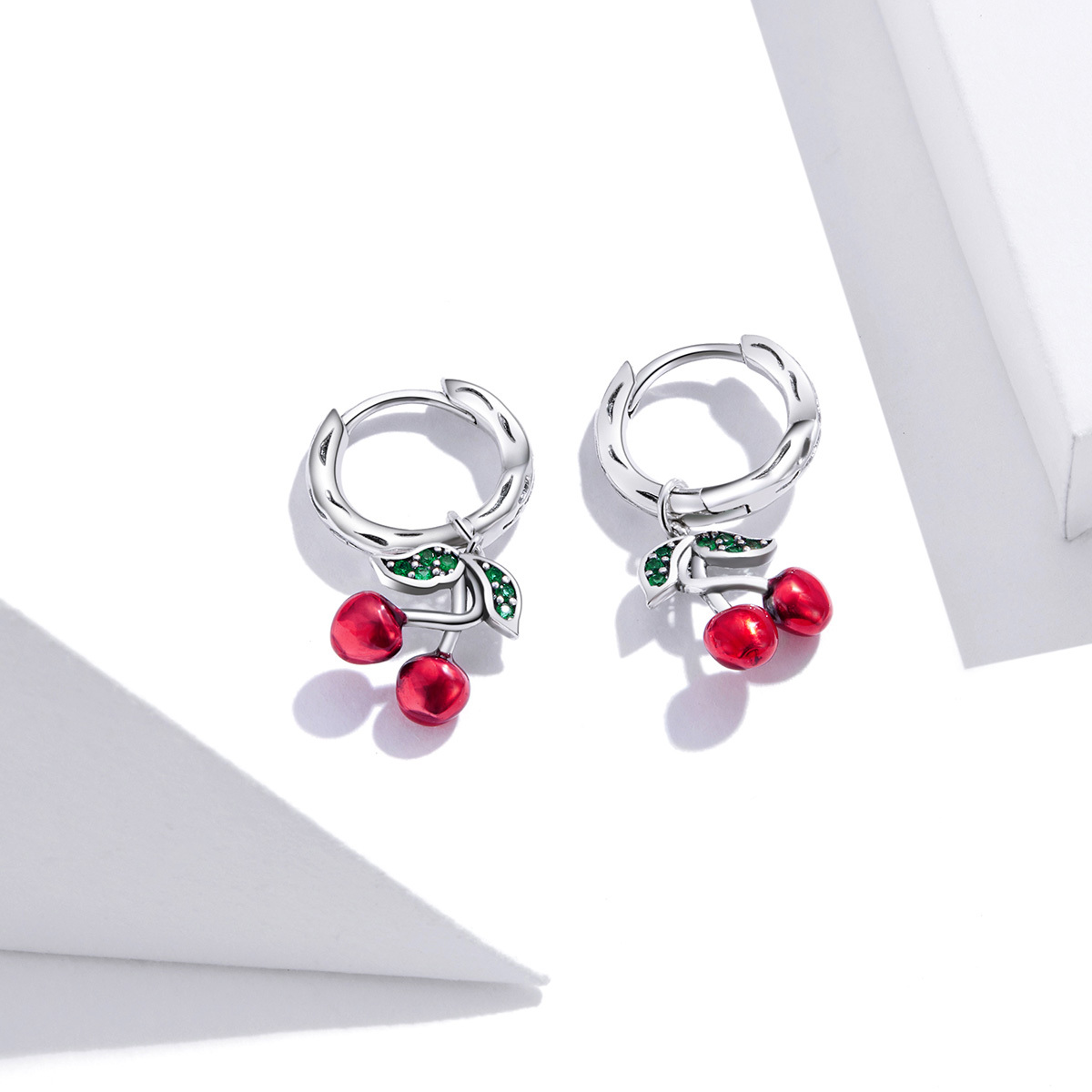 925 Silver Cherry Pendant Hoop Earrings