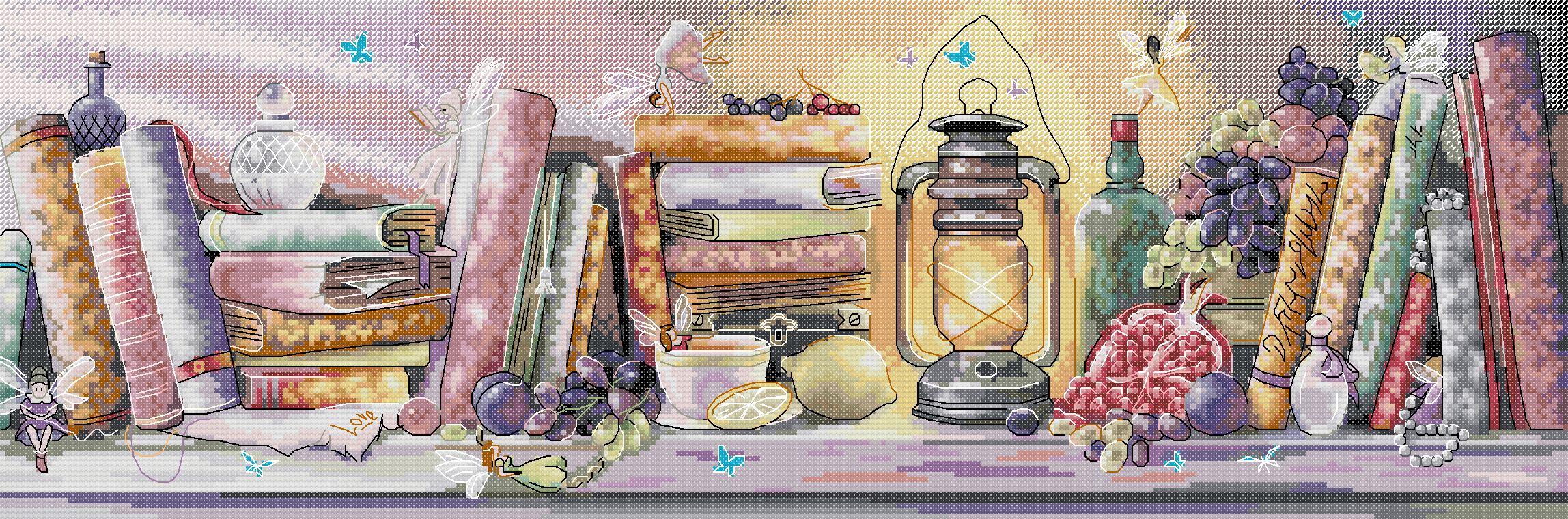 Joy Sunday-Oil Lamp Bookshelf- 11ct Printed Cross Stitch-62×23CM