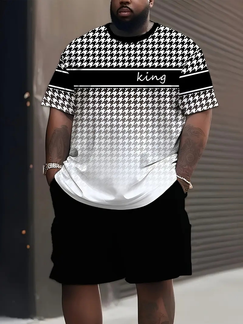 Plus Size（L-10XL）Men's Street Colorblock Printed Short Sleeve Shorts Two-Piece Set