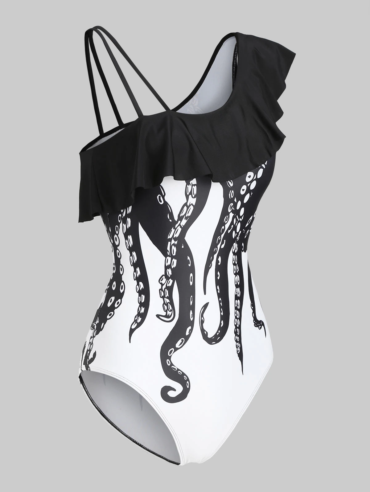 Zingj Skew Neck Flounce One Piece Swimsuit Gothic Women Octopus Print Padded Bathing Suits Beach