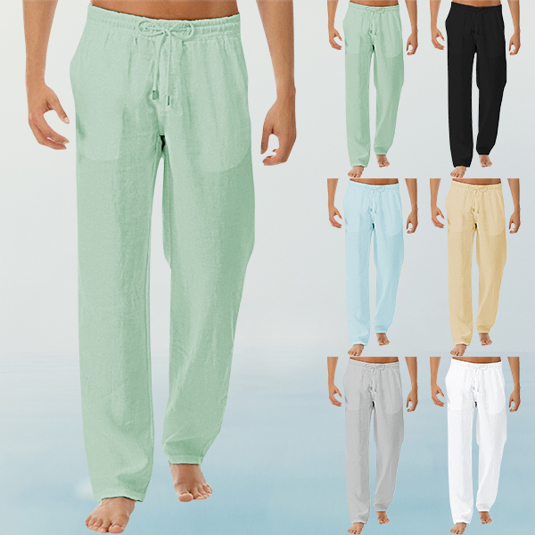 Linen Pants Trousers Mens Summer Casual Elastic Waist Loose Male Solid