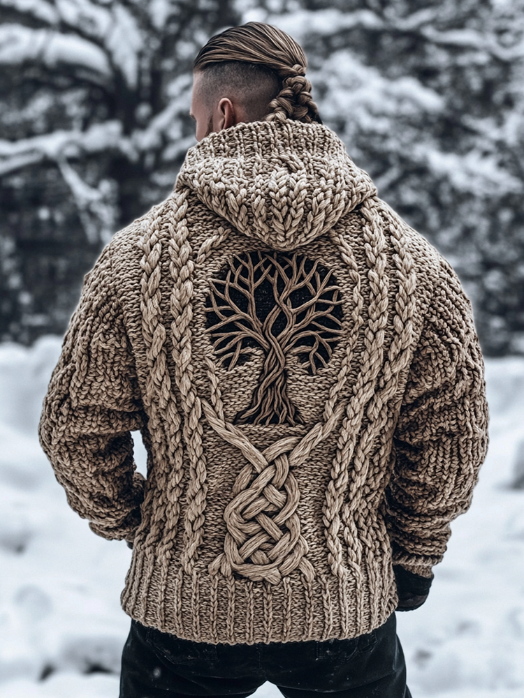 Men s Viking Tribal Tree Of Life Celtic Chunky Knit Hooded Sweater Men s Viking Tribal Tree Of Life Celtic Chunky Knit Hooded Sweater