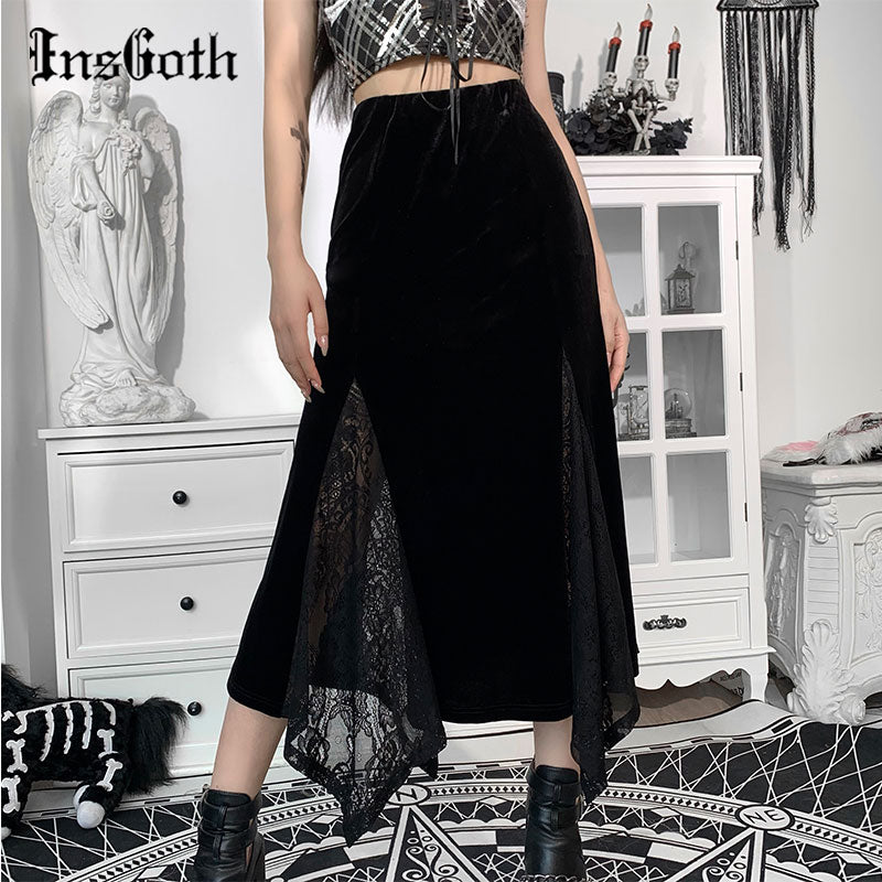 Insgoth Goth Vintage Black Long Skirt Aesthetic Elegant Lace Patchwork