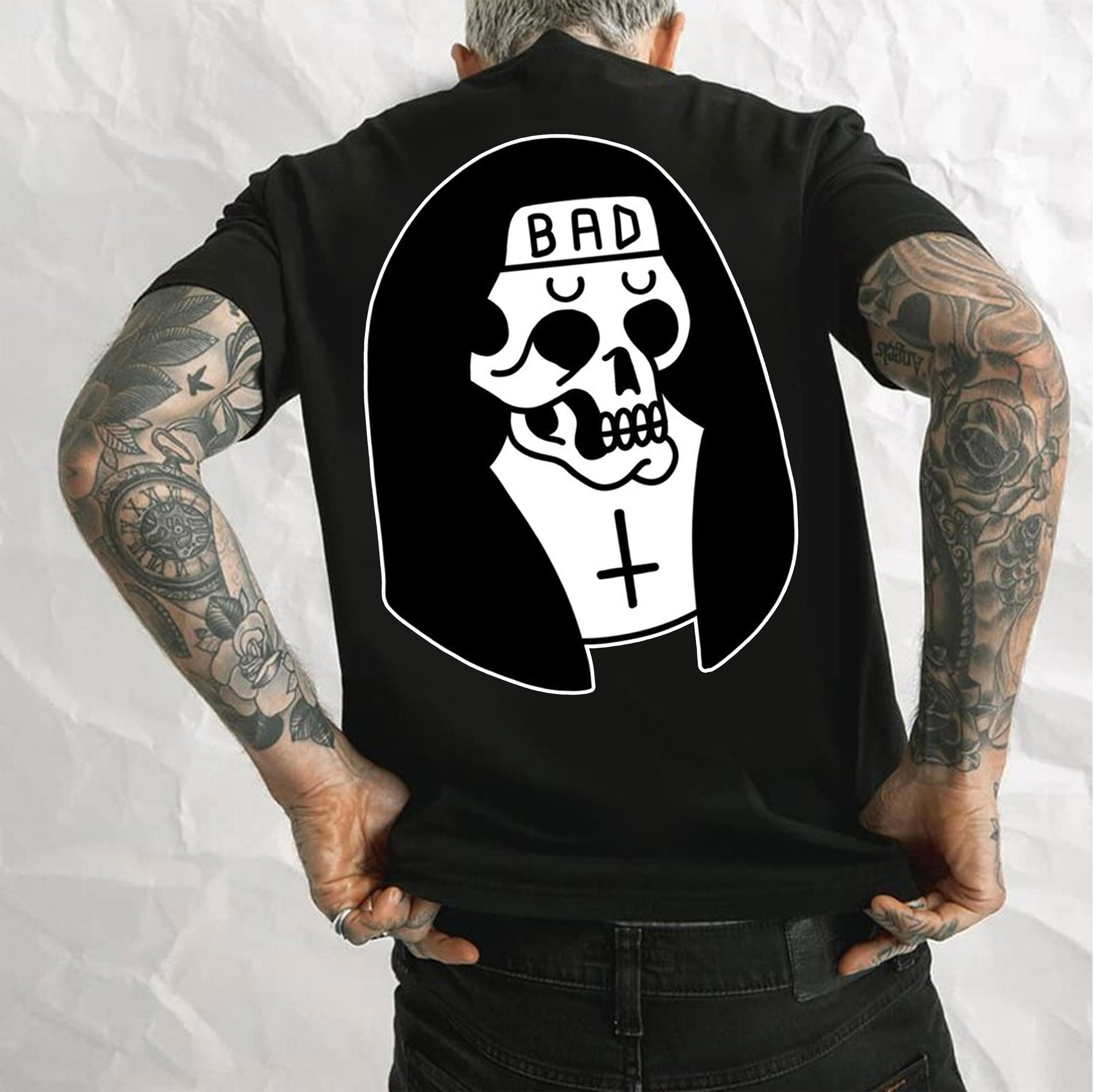 BAD Skull Nun Religion Black Print T-shirt