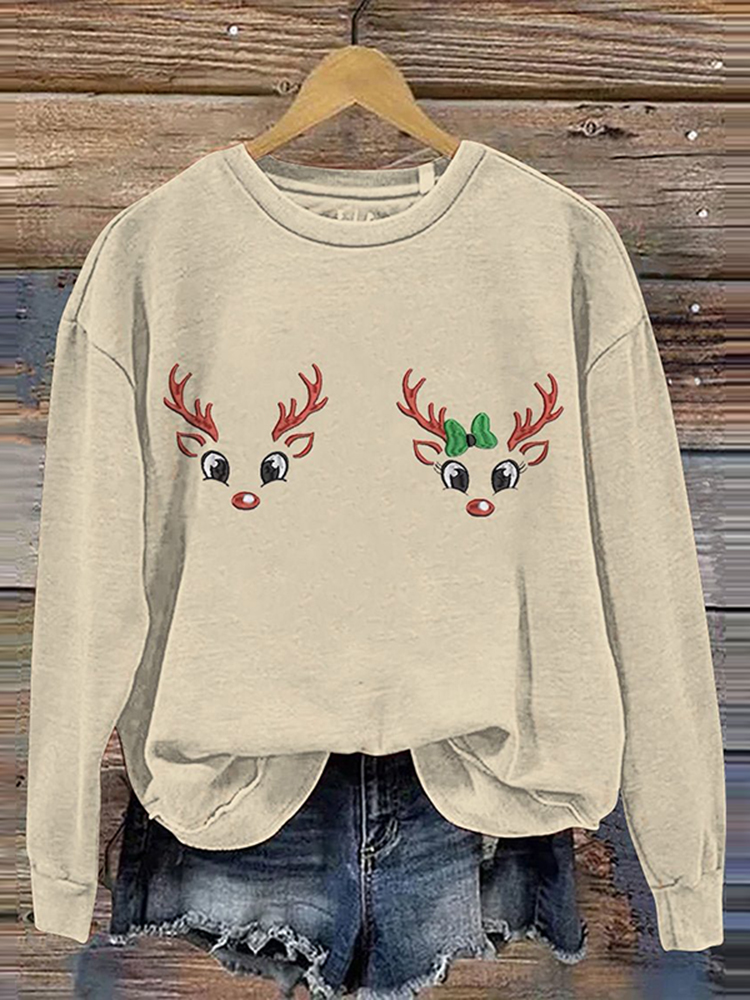 Cute Elk Embroidered Print Crew Neck Sweatshirt