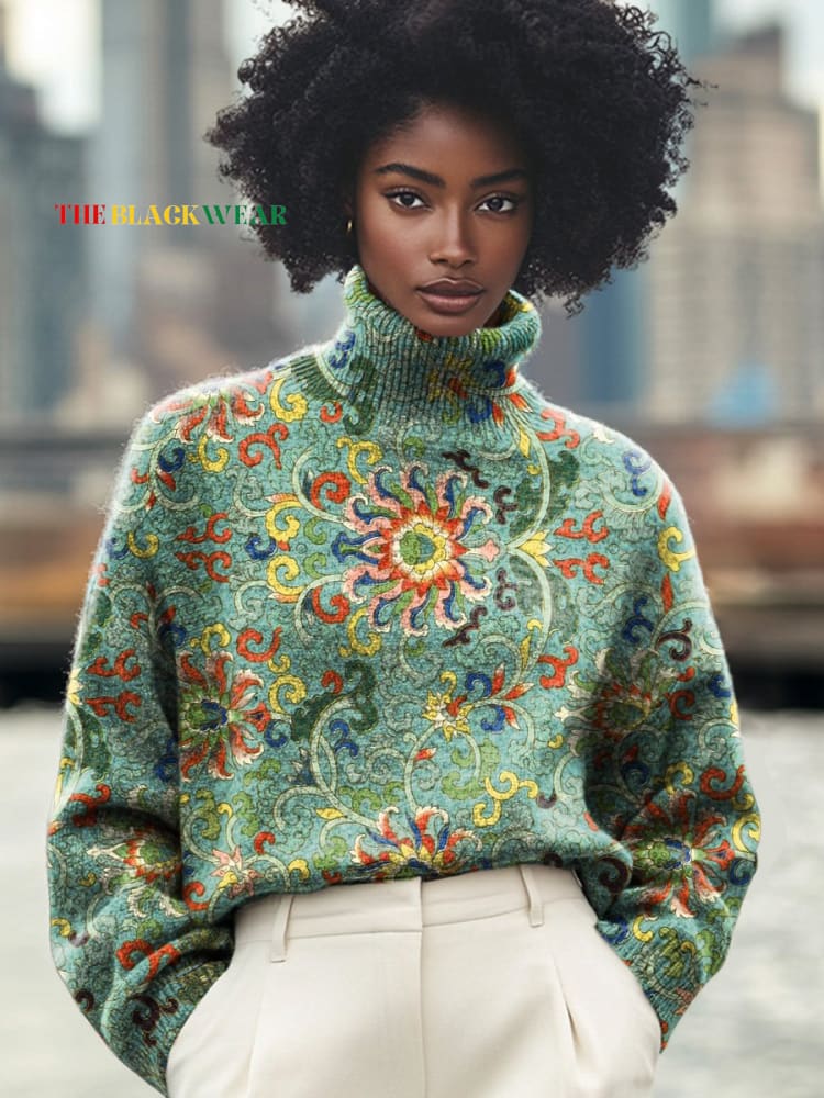 Vintage Ethnic Floral Art Print Knit Turtleneck Pullover Sweater