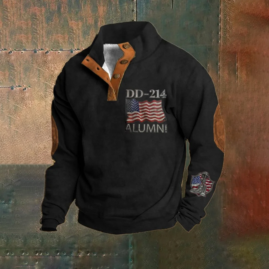 Men's Vintage Dd124 Flag Print Multicolor Button Plush Sweatshirt