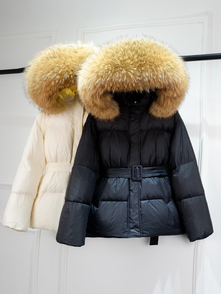 Fongt 90% Duck Down Coat Women Winter Huge Raccoon Fur Hooded Short Feather Puffer Jacket Female ...