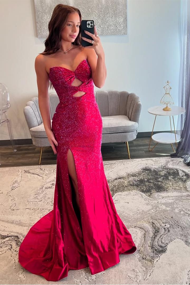 Miabel Stunning Burgundy Sleeveless Strapless Long Mermaid Prom Dress with Split