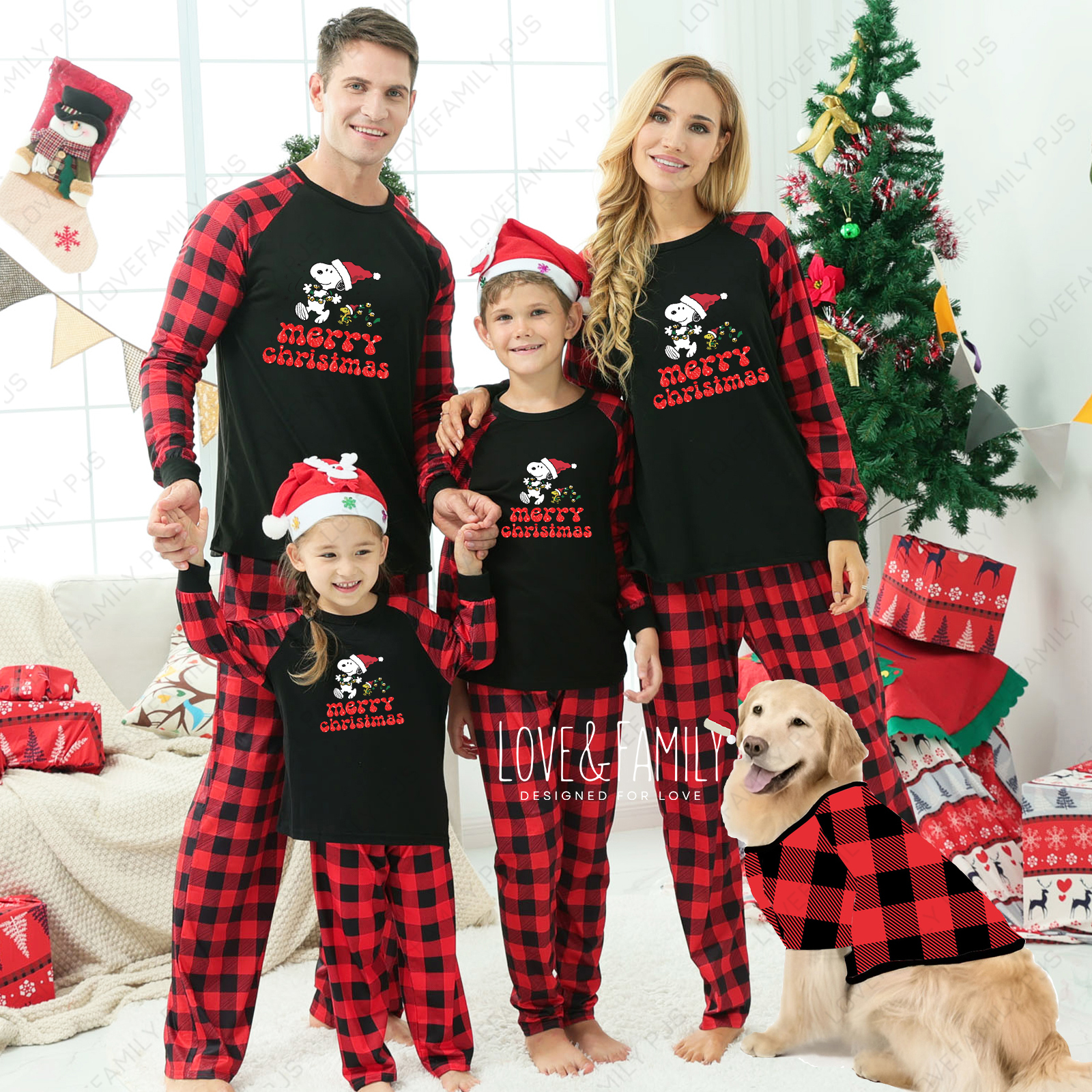Peanuts Snoopy Merry Christmas Buffalo Plaids Family Pajamas Sets