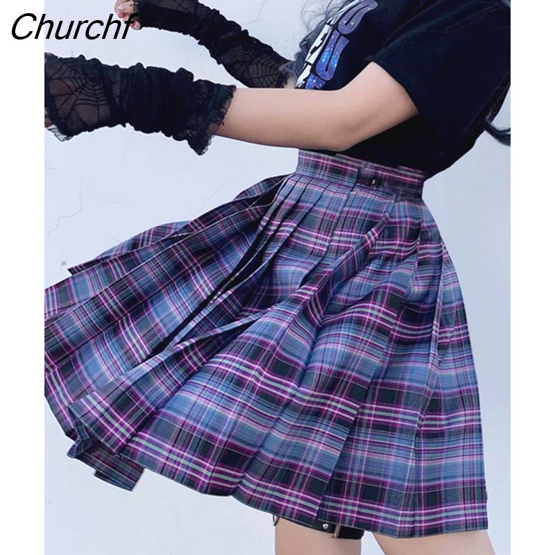 Churchf Harajuku Jk Mini Skirts Gothic Punk High Waist Purple Plaid