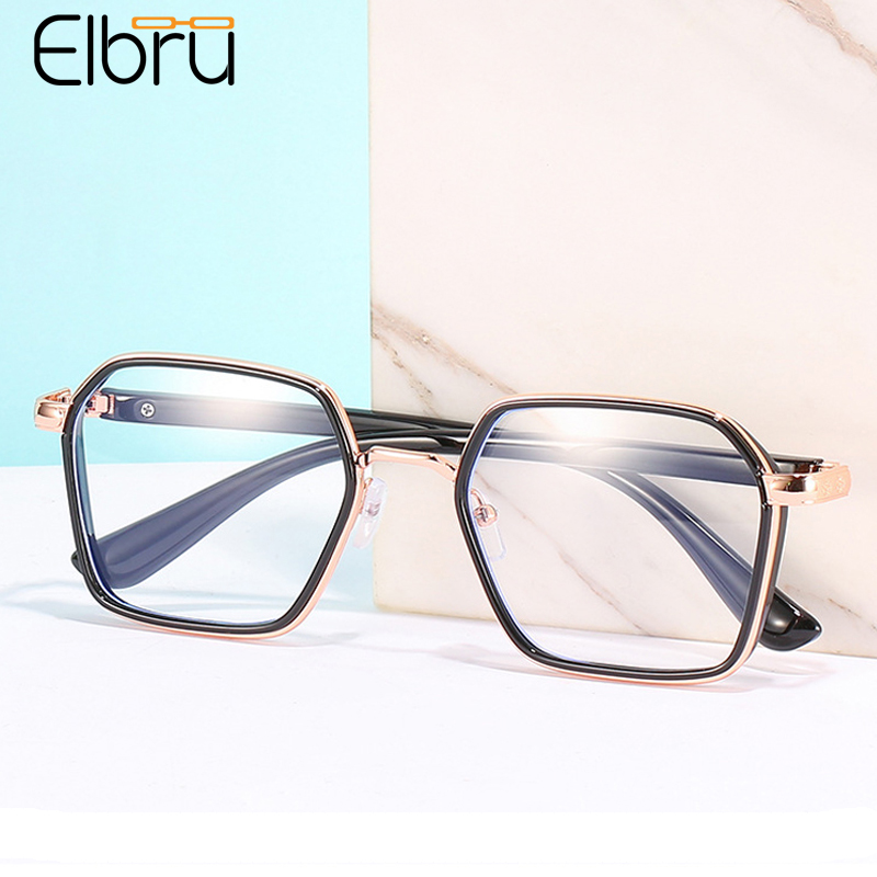 Elbru Oversized Anti Blue Light Myopia Glasses Vintage Men Metal Frame ...