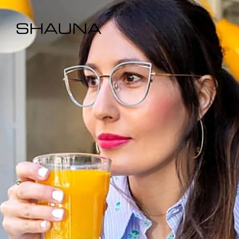SHAUNA Double Rims Anti-Blue Light Metal Cat Eye Eyeglasses Frames Optical Frame Spring Hinge