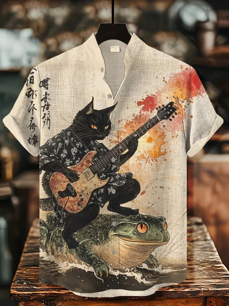Men's Black Cat Riding On Toad Playing Guitar Print Short Sleeve Shirt 30.99 menweary