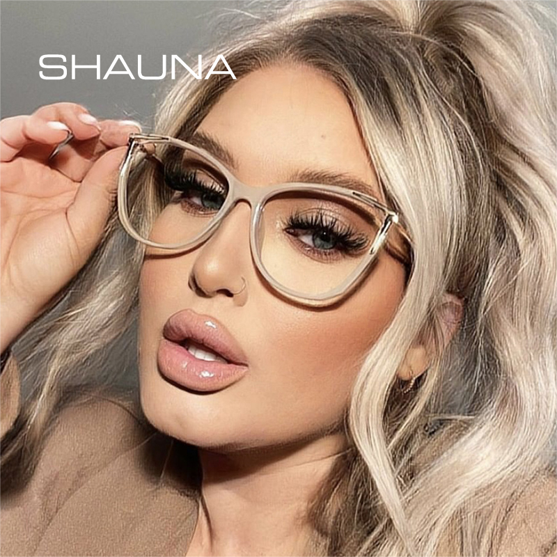 SHAUNA TR90 Metal Cat Eye Women Glasses Frames Retro Clear Anti-blue Light Eyewear Men Spring ...