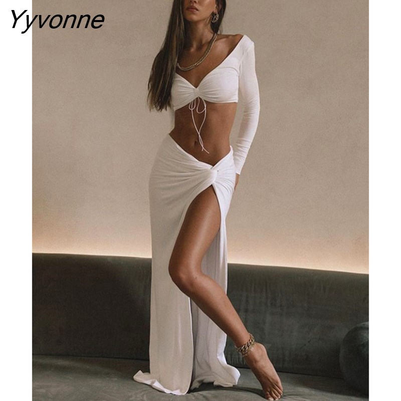 Yyvonne Sexy Split Maxi Skirt Suits Women 2023 New V Neck Long Sleeve