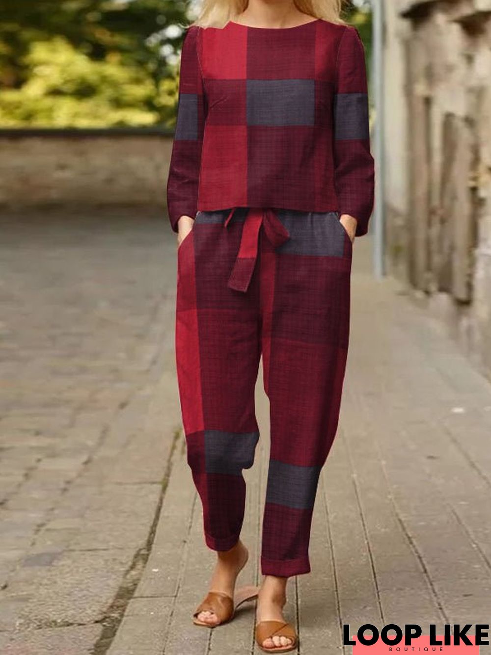 Long Sleeve Grid Printed O Neck Tops Wide Leg Pants Suits Looplike