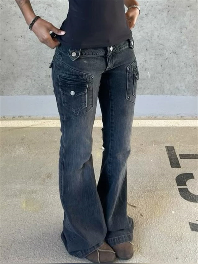Comstylish Retro Flap Patch Pocket Low Rise Bell Bottom Jeans