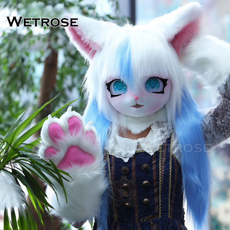 Wetrose In Stock Fursuit Kigurumi Headsets Furry Cosplay Costume Rubbit Doll Cat Fox Animal Head Kig Mask Helmet Fur Wig Set