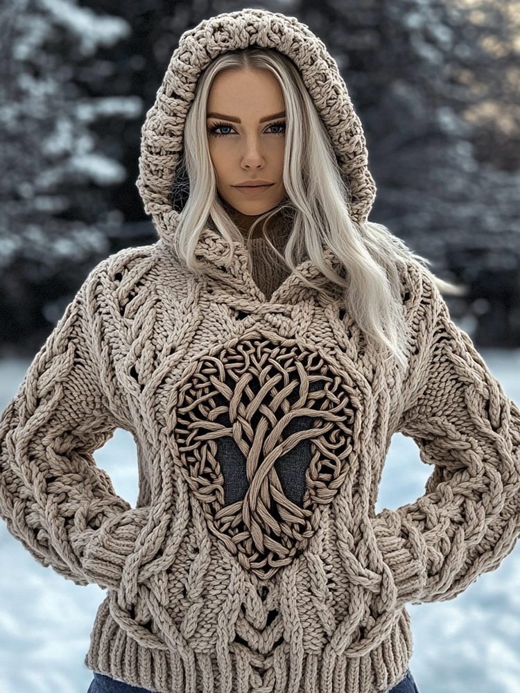 Women's Viking Tribal Tree Of Life Celtic Chunky Knit Hooded Sweater