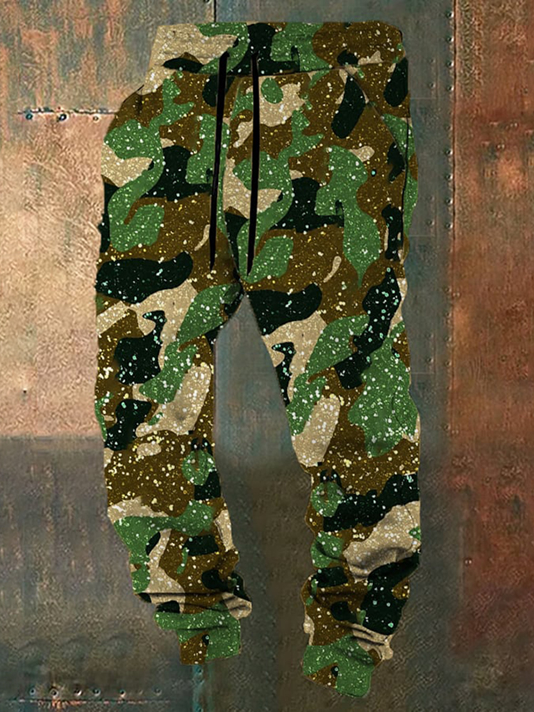 Comstylish Mens Western Vintage Print Elastic Waist Tie Up Trousers