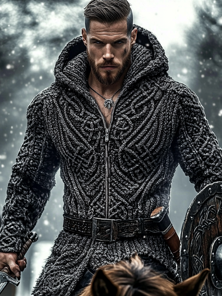 Men's Viking Tribal Jacquard Celtic Chunky Knit Zip-up Hooded Sweater 50.99 menweary