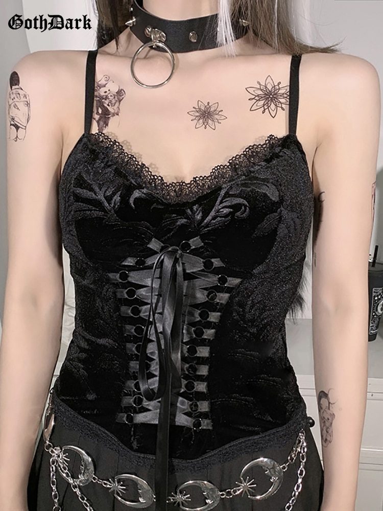 Wongn Dark Vintage Mall Gothic Velvet Women Camis Grunge E Girl Style