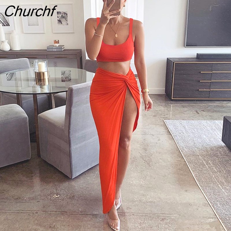 Churchf Irregular Sexy Two Pieces Set Spaghetti Strap Crop Top And High