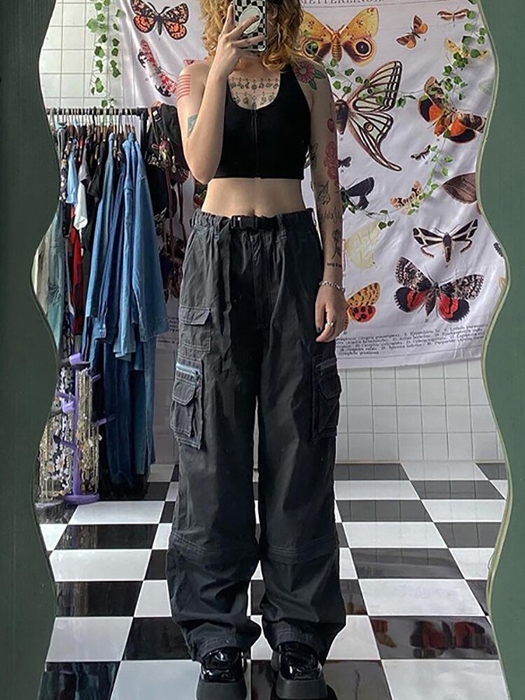 Fongt Dark Grunge Techwear Black Baggy Women Jeans Gothic Punk Wide Leg