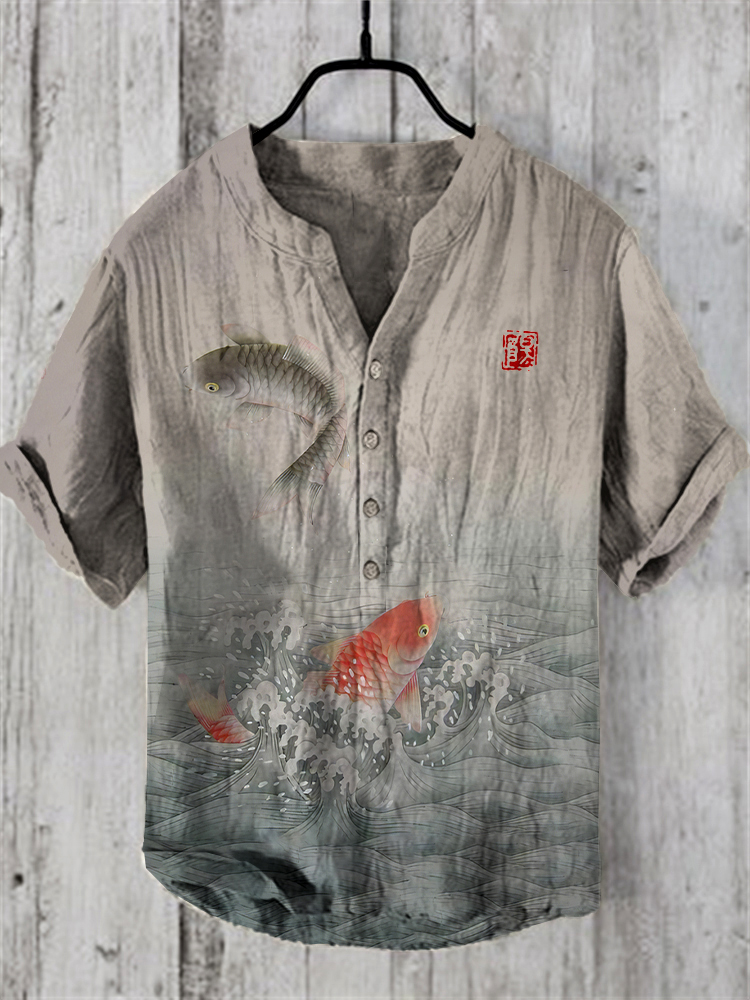 Fish & Waves Japanese Art Linen Blend Shirt