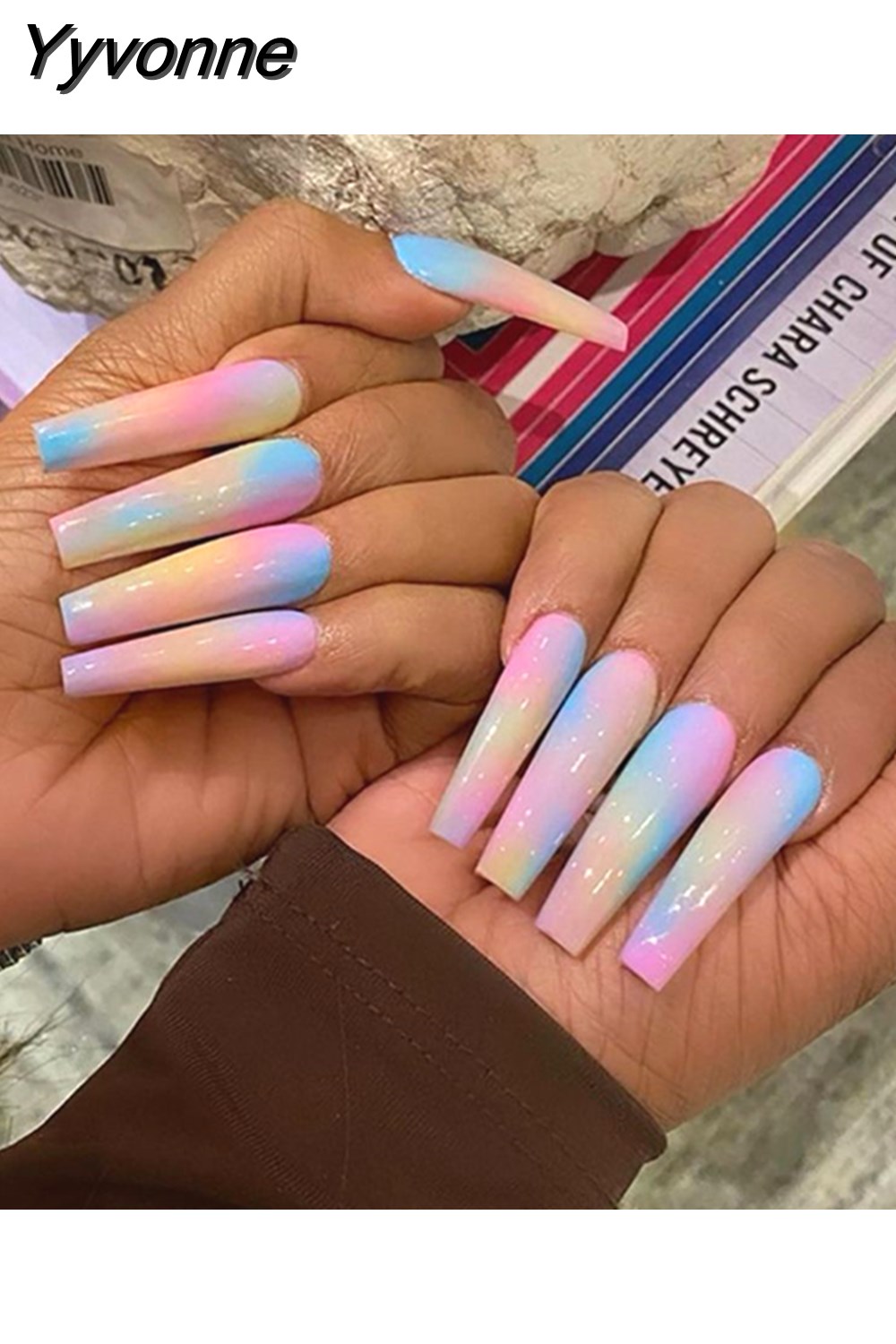 Yyvonne Rainbow Fake Nails With Designs Extra Long Coffin Ballerina