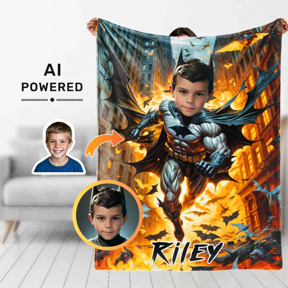 Custom Photo Blankets AI-Powered 3D Superhero Personalized Bat Superhero With Your Photo