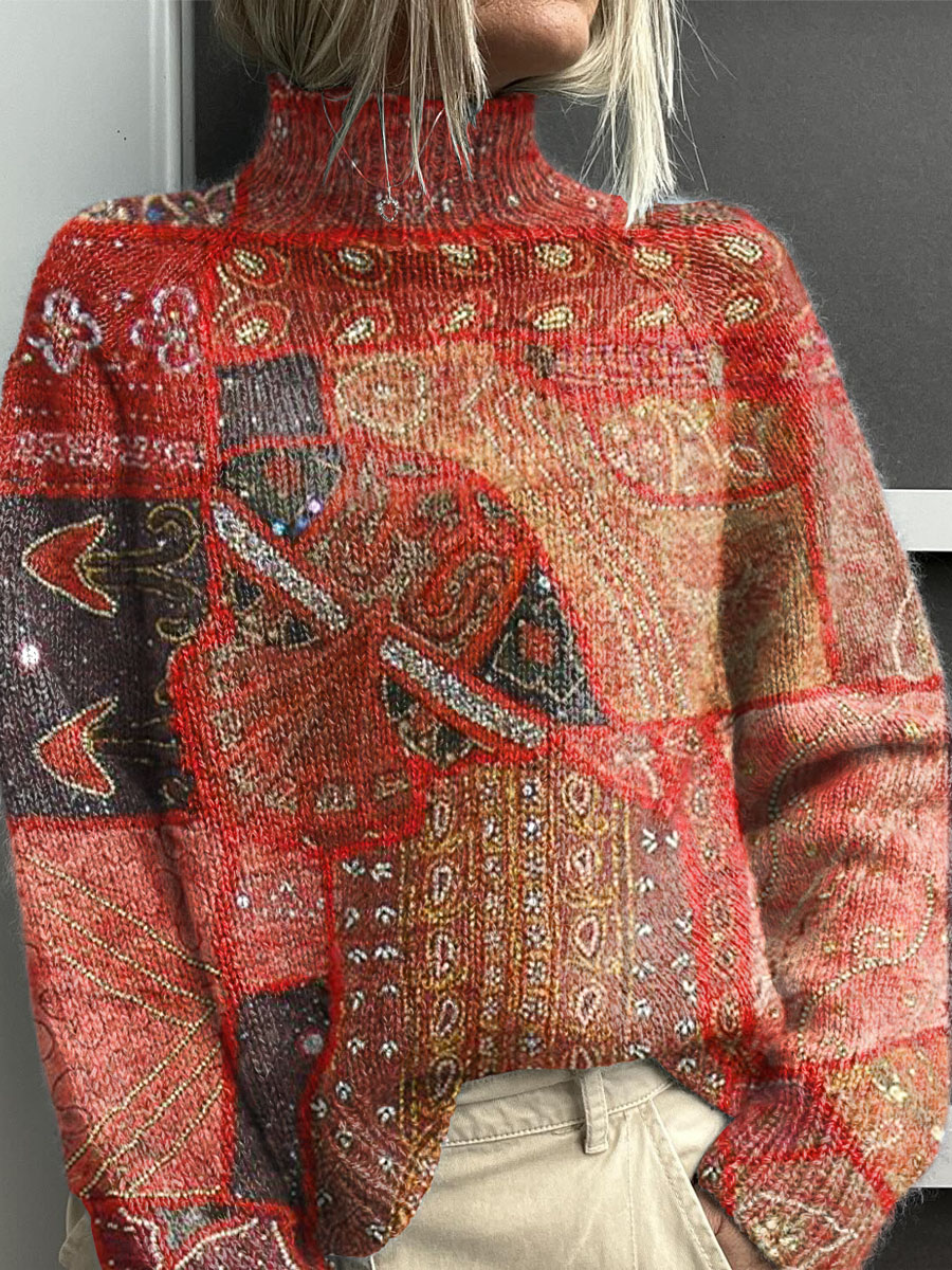 Women's Vintage Ethnic Pattern Art Print Knit Turtleneck Pullover Sweater