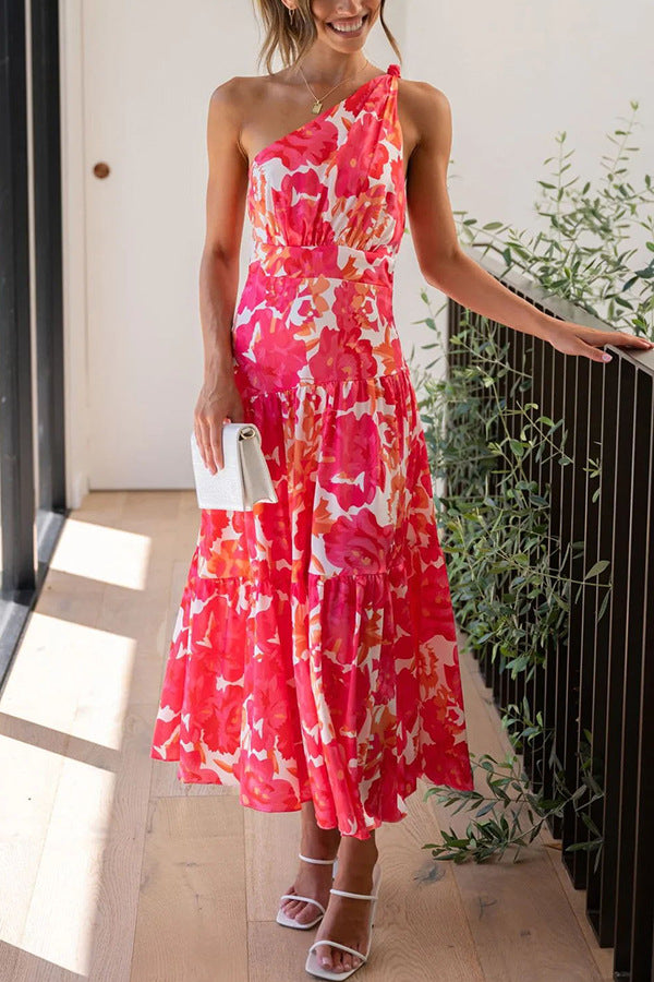 Floral Knot One Shoulder Tiered Dress