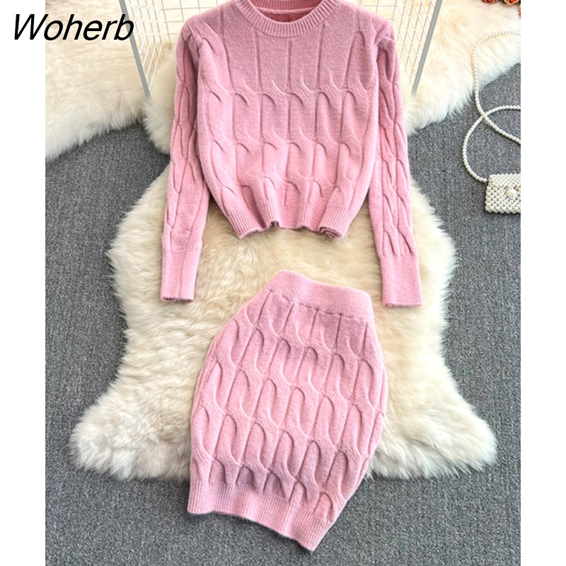 Woherb Women Dress Set 2023 Autumn Winter Fashion Long Sleeve Knitted