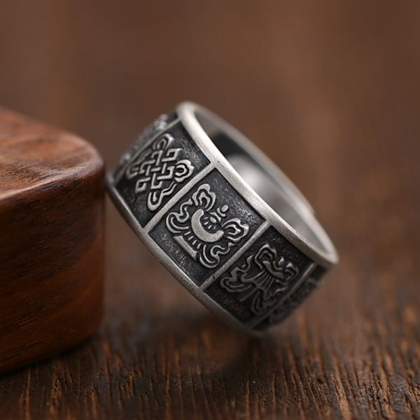 Sterling Silver Auspicious Eight Treasures Ring