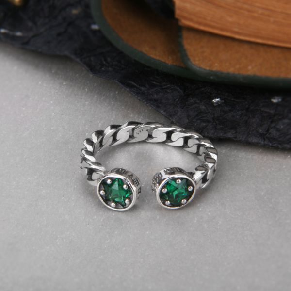 Sterling Silver Roman Numerals Green Zircon Ring