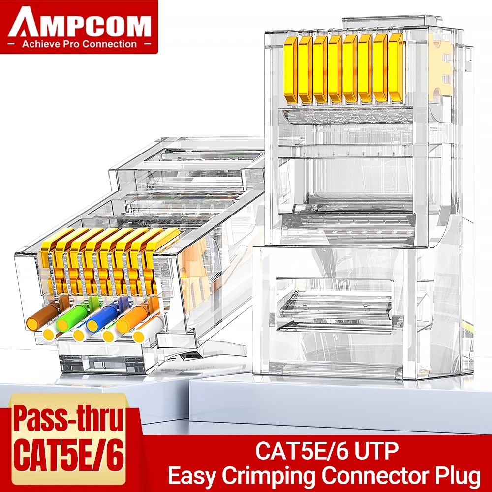 AMPCOM RJ45 Modular Plug, CAT5E CAT6 Pass Through Network Connectors UTP 3/50μ Gold-Plated 8P8C ...