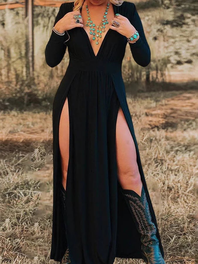 Halloween Women's Vintage Western Deep V Slit Dress