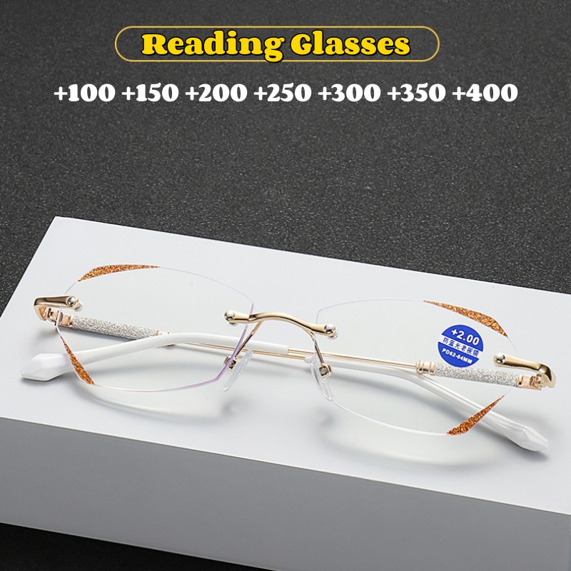 Stylish Women Reading Glasses Luxury Rimless Diamond Presbyopia Eyeglasses Clear Lens Computer ...