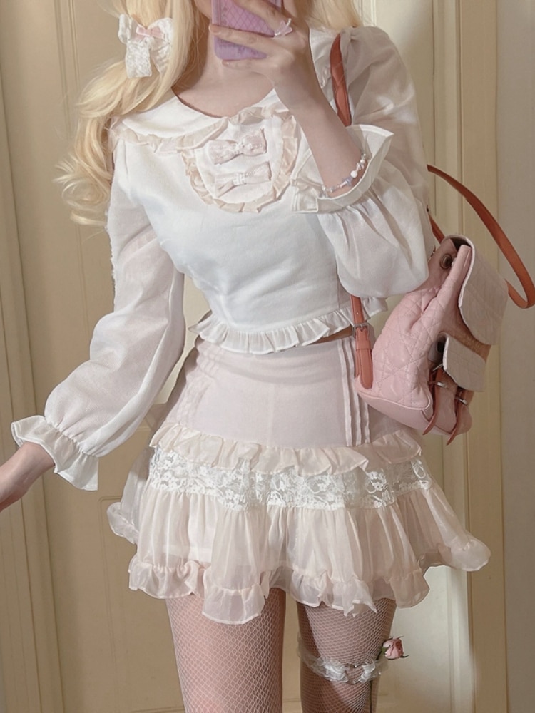 Fongt Lolita Kawaii Two Piece Set Women Pink Japanese Sweet Party Mini Skirt Suit Lace Korean ...