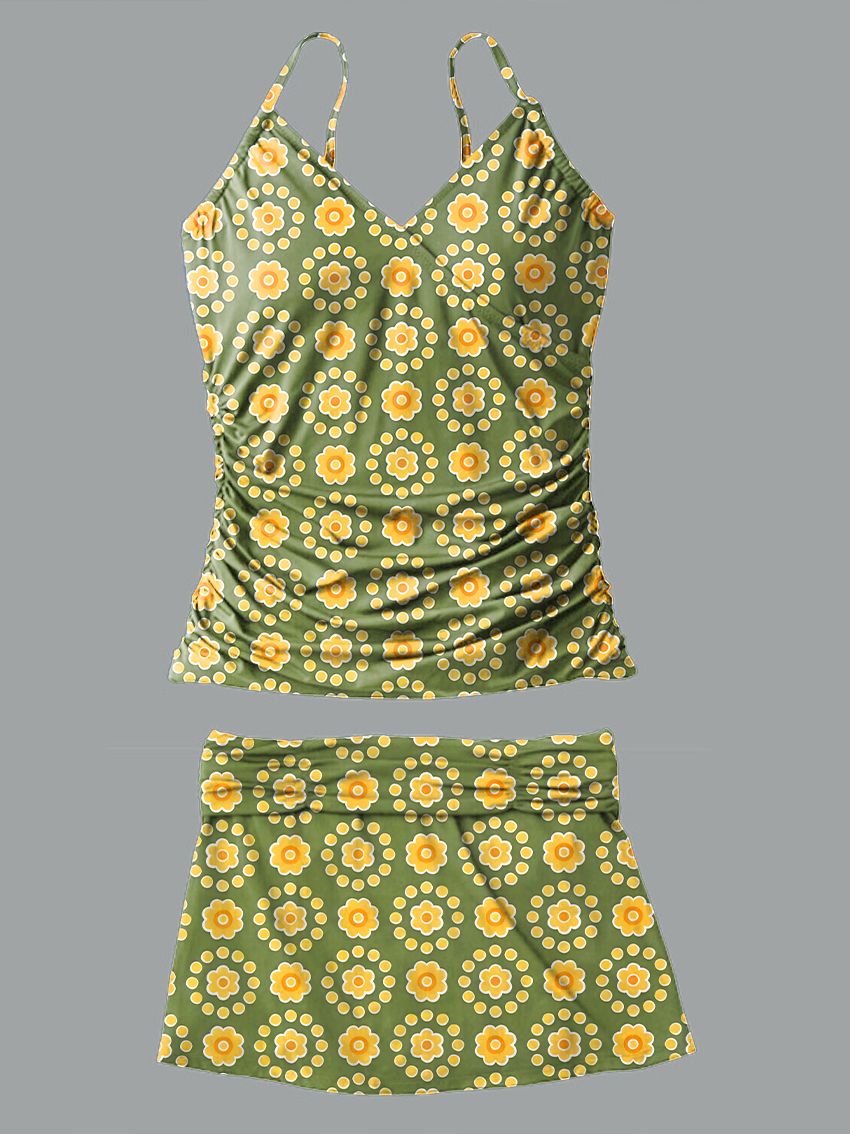 V Neck Vintage Florals Art Print Suspender Skirt Tankini Pantskirt Set