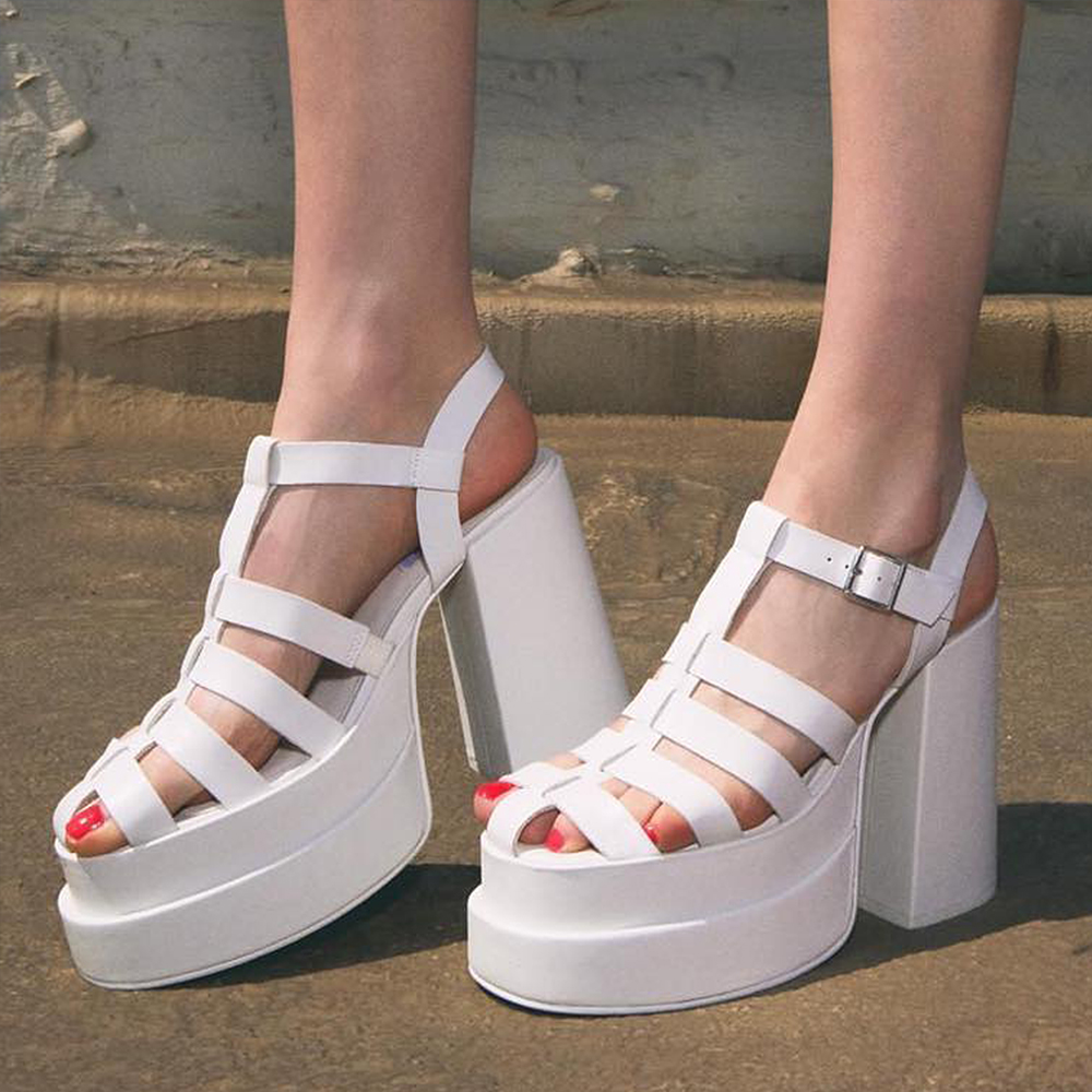 White Rounded Toe Chunky Heel Strappy Platform Sandals With Buckle