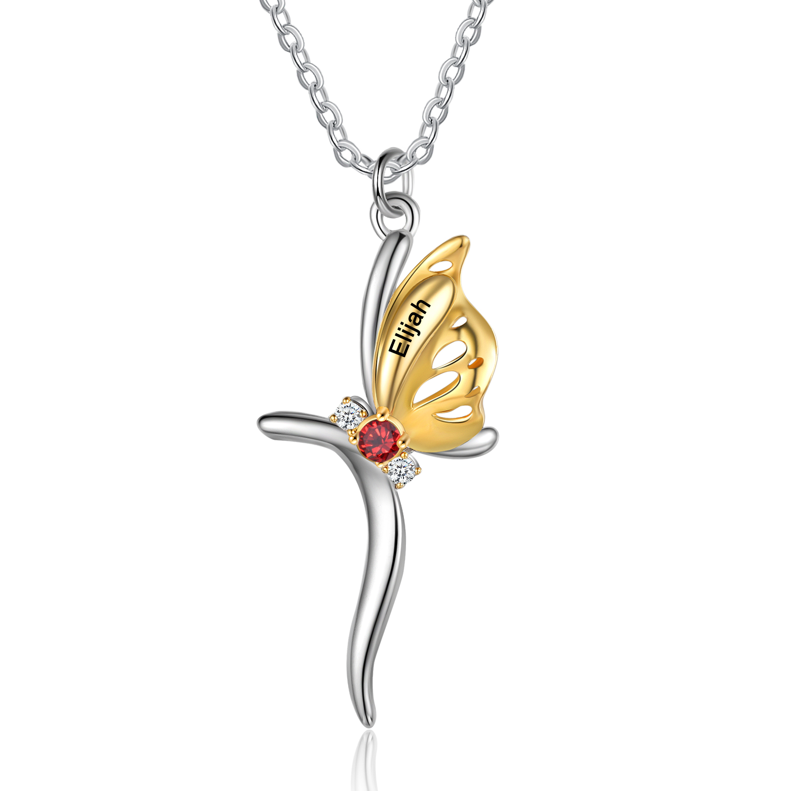 Gravur 1 Name Kreuz Schmetterling Halskette mit 1 Geburtsstein Kette
