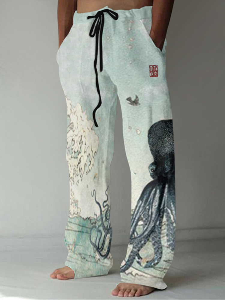 Japanese Huge Waves Octopus Art Graphic Linen Blend Pants