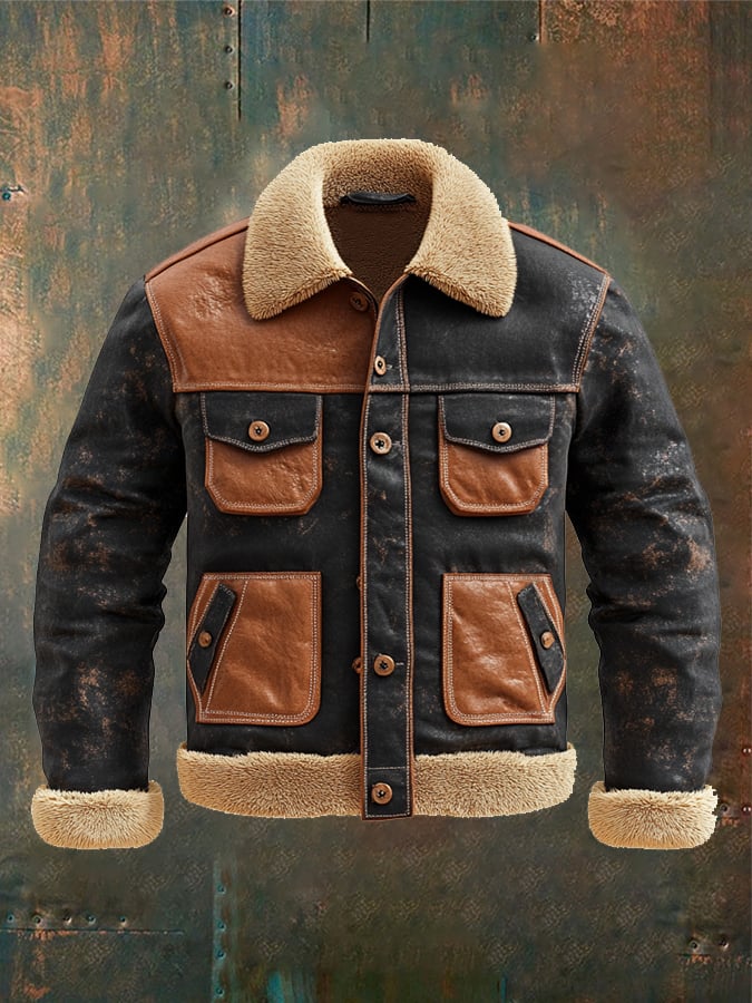 Men's Vintage Suede Patchwork Lamb Fleece Multi-Pocket Reverse Collar Outdoor Jacket